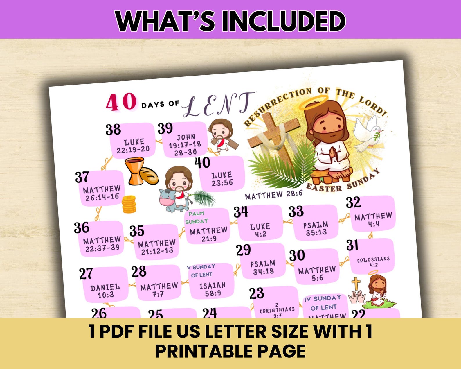 40 Days of Lent Bible Verse Catholic Calendar Countdown, Printable ...