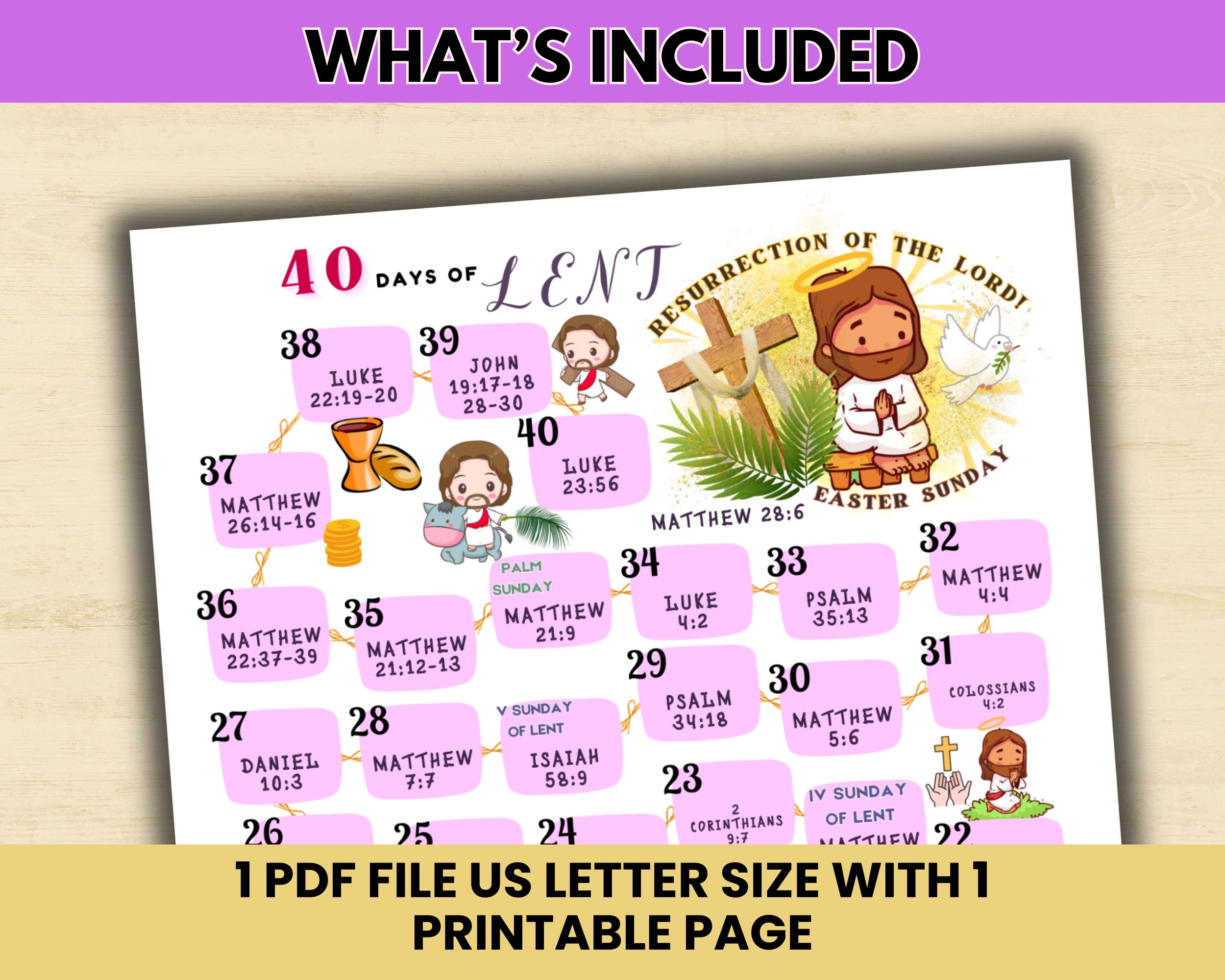 40 Days of Lent Bible Verse Catholic Calendar Countdown, Printable ...