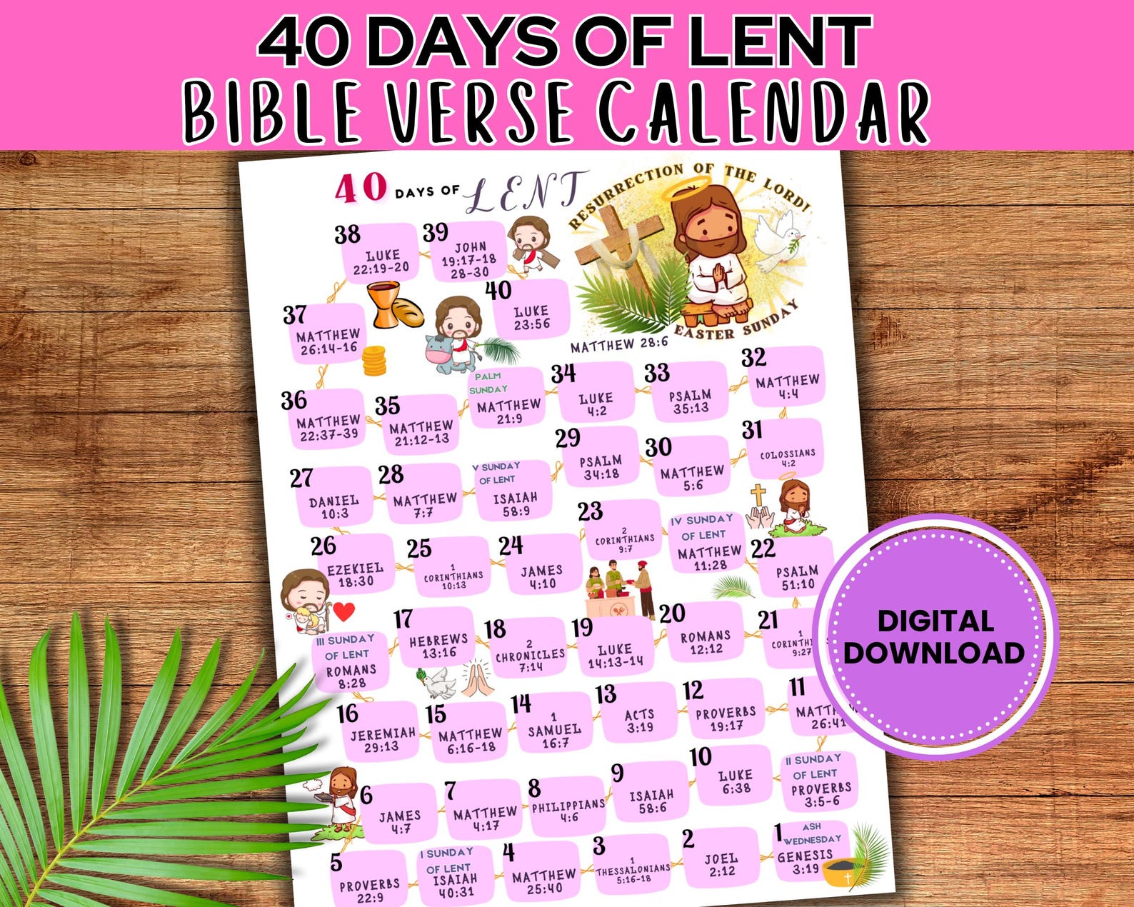 40 Days of Lent Bible Verse Catholic Calendar Countdown, Printable ...