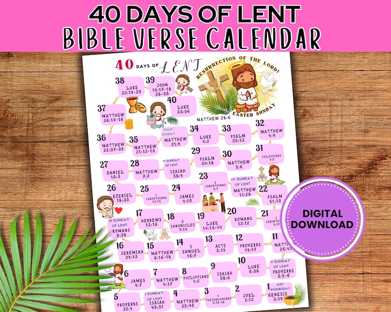 40 Days of Lent Bible Verse Catholic Calendar Countdown, Printable ...