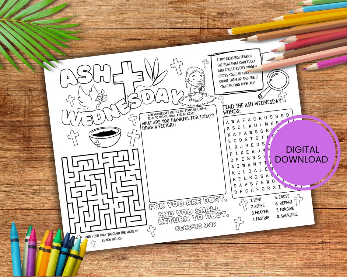 Ash Wednesday Activity Placemat, Catholic Coloring Craft for Kids ...