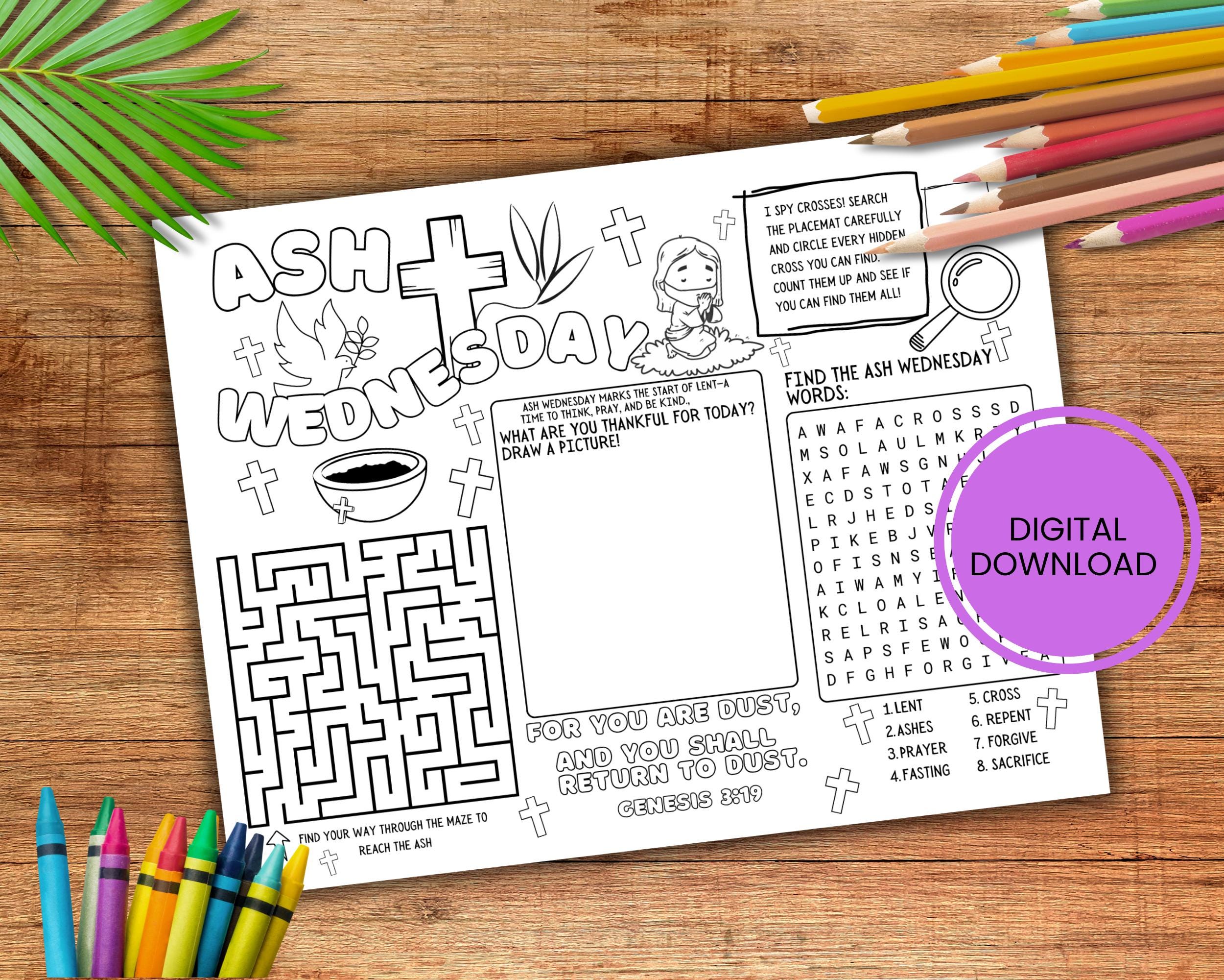 Ash Wednesday Activity Placemat, Catholic Coloring Craft for Kids ...