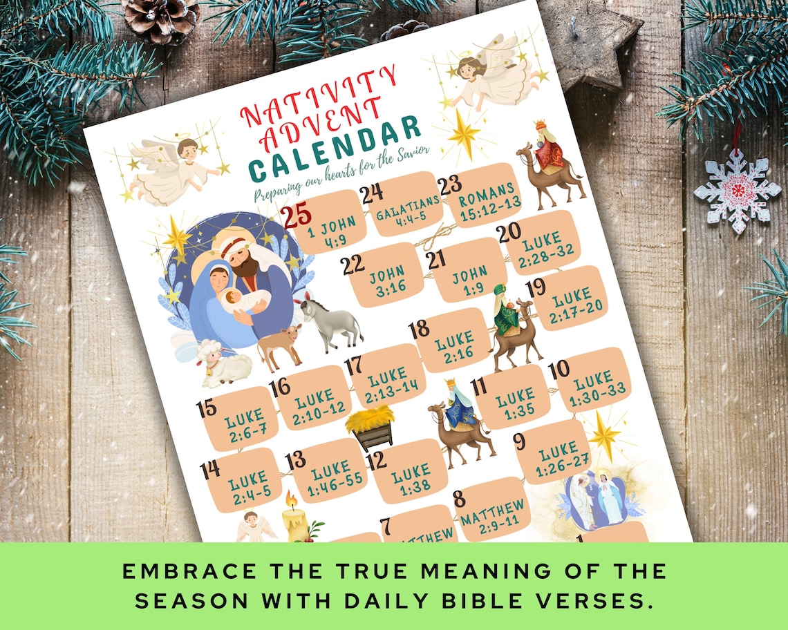 Printable Advent Calendar, Bible Verse Nativity Advent Scripture ...