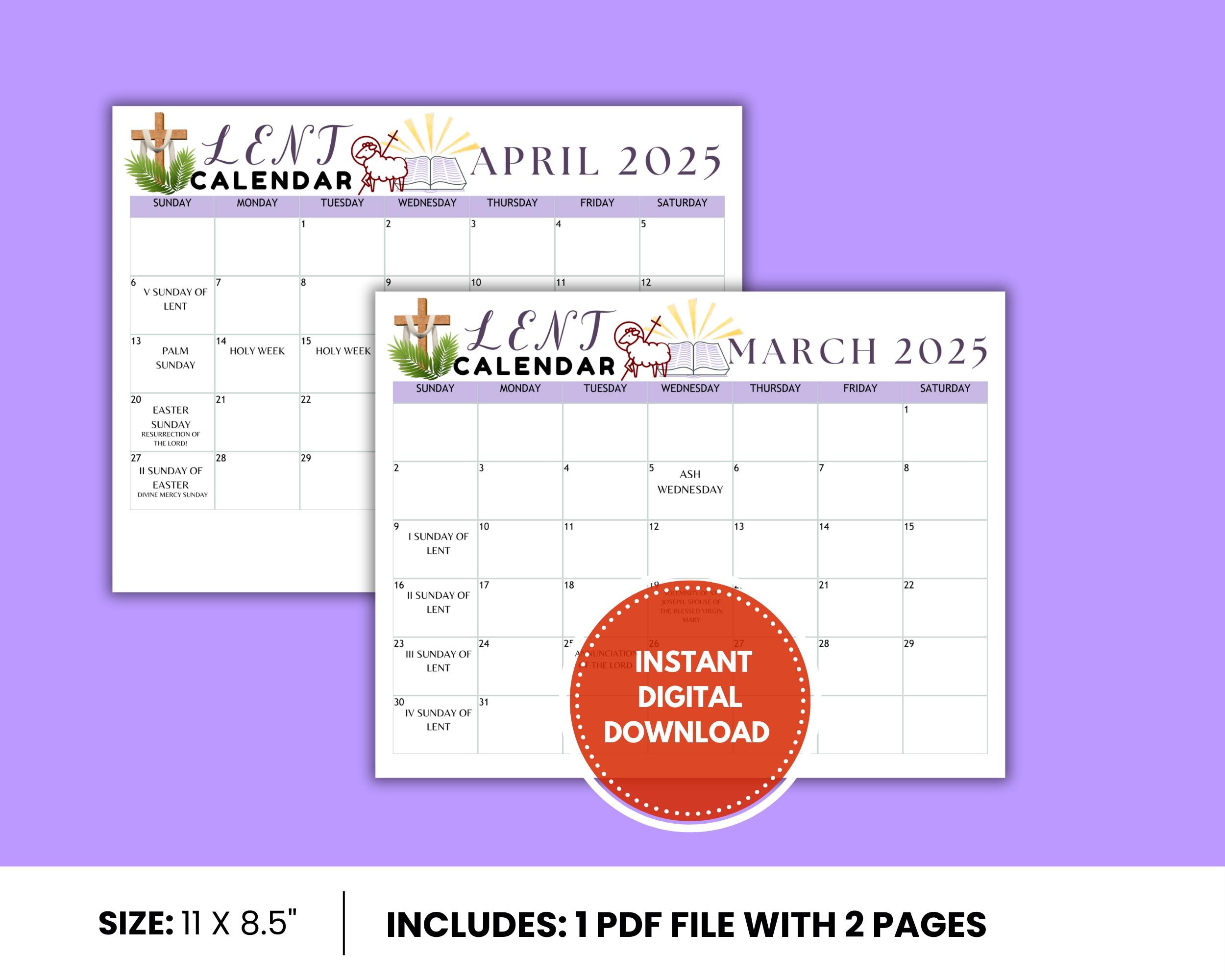 Lent Catholic Calendar, Printable Lenten Calendar 2025, Liturgical ...