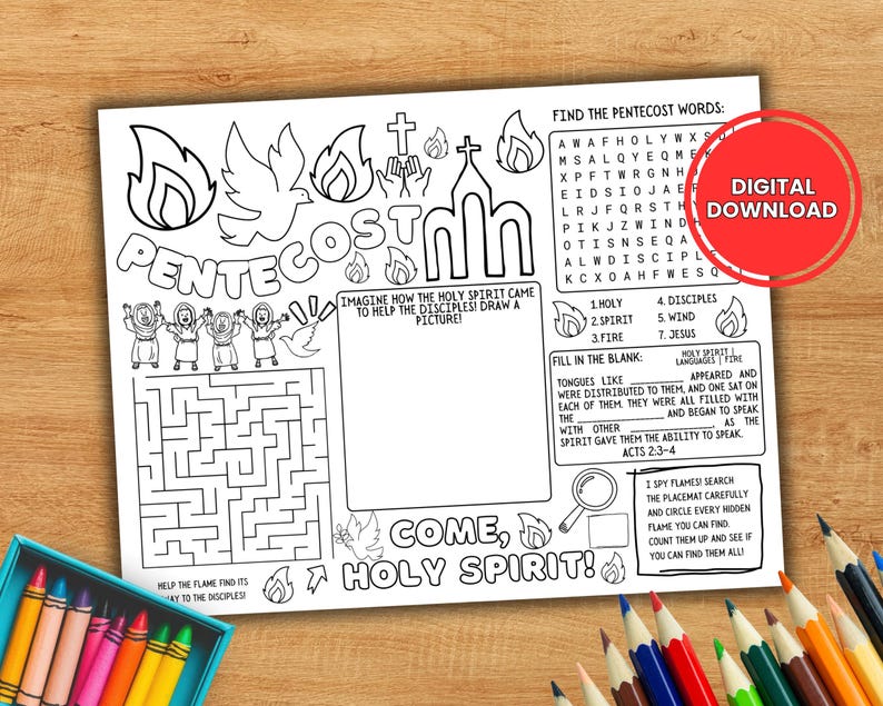 Pentecost Activity Placemat, Pentecost Coloring Page for Kids ...