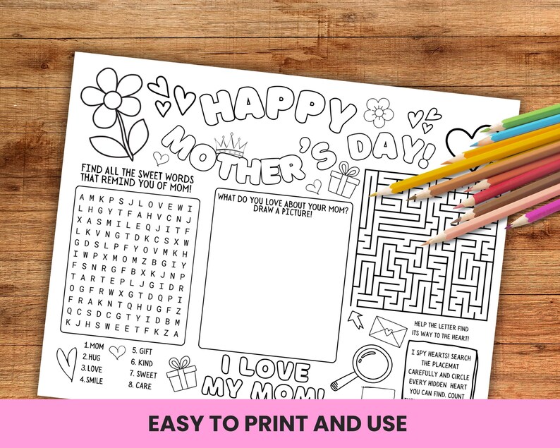 Mother’s Day Activity Placemat for Kids, Happy Mother’s Day Printable ...