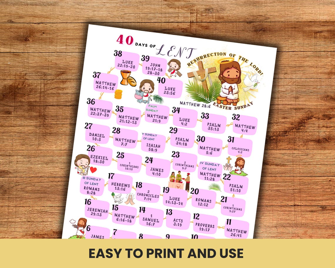 40 Days of Lent Bible Verse Catholic Calendar Countdown, Printable ...