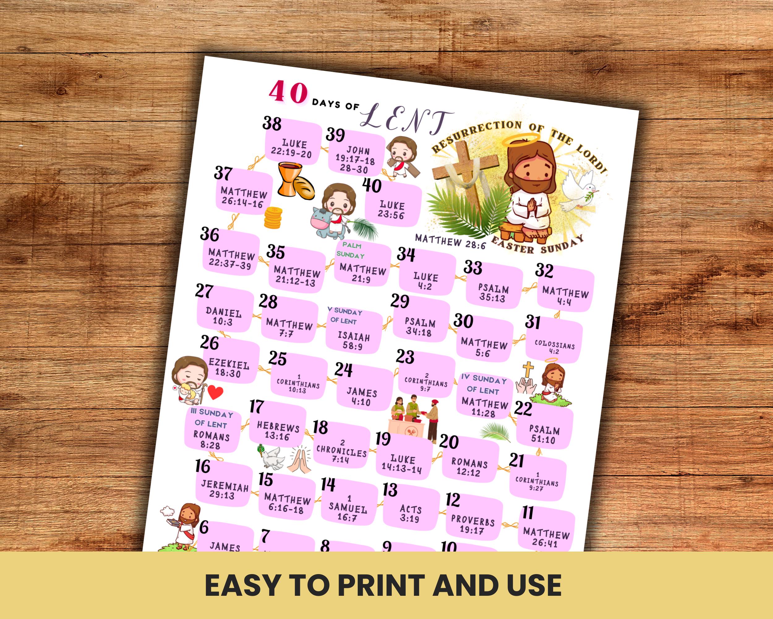 40 Days of Lent Bible Verse Catholic Calendar Countdown, Printable ...