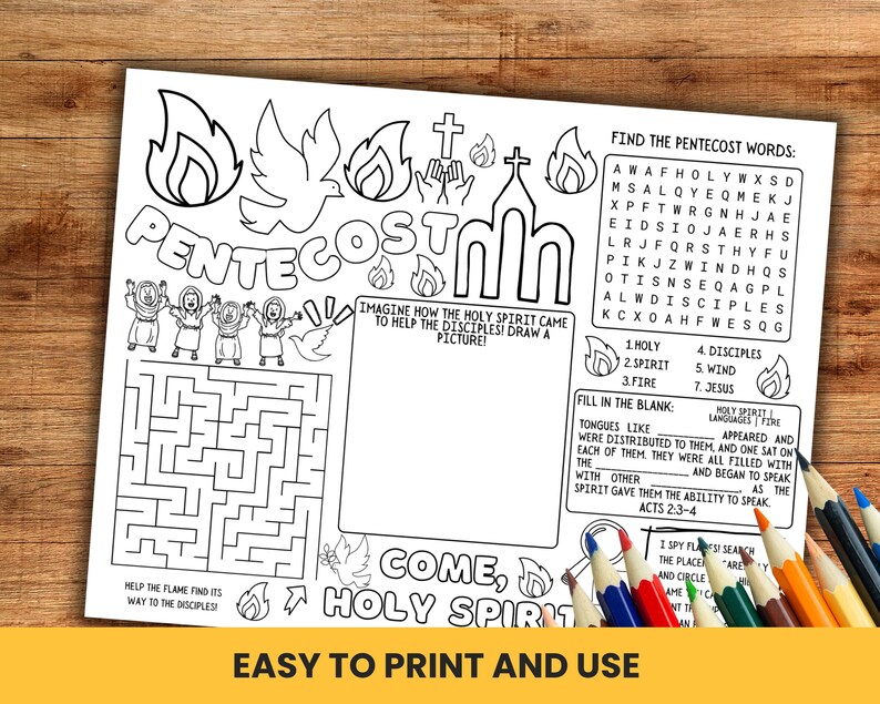 Pentecost Activity Placemat, Printable Sunday School Coloring Page for Kids, Holy Spirit Bible ...
