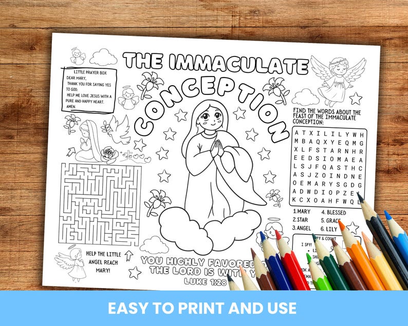 The Immaculate Conception Coloring Activity Placemat, Feast of the ...