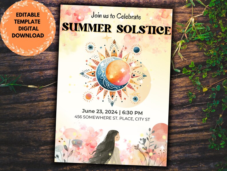 Summer Solstice Invitation Editable Template, Summer Solstice Invite ...