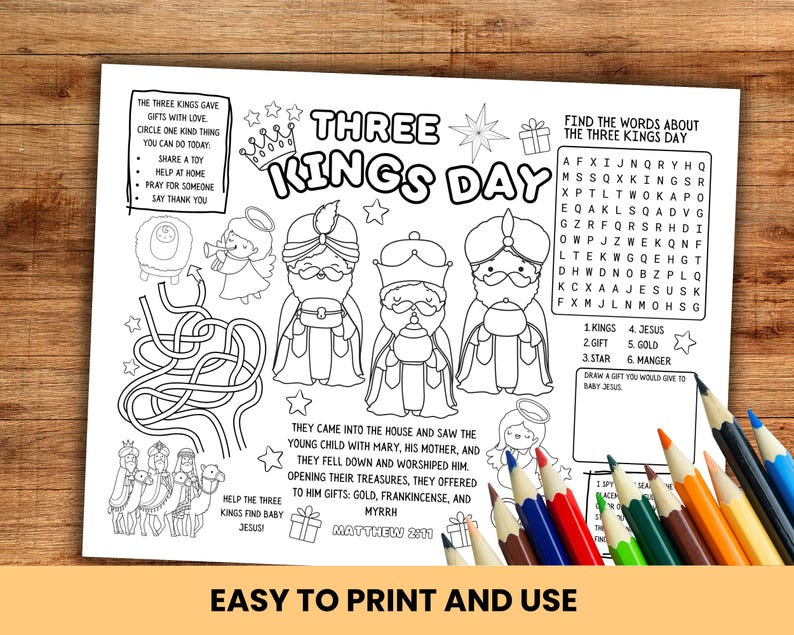 Three Kings Day Activity Placemat for Kids, Epiphany Coloring Activity ...