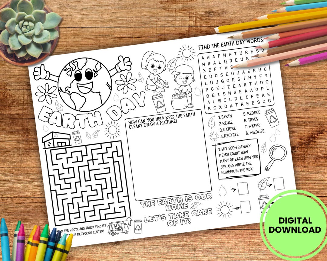 Earth Day Activity, Earth Day Coloring Activity Placemat, Printable ...