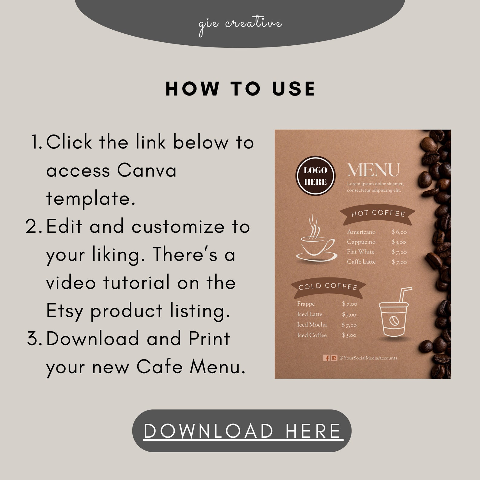 Editable Coffee Menu Template - Instant Download, Coffee Shop Cafe Menu ...
