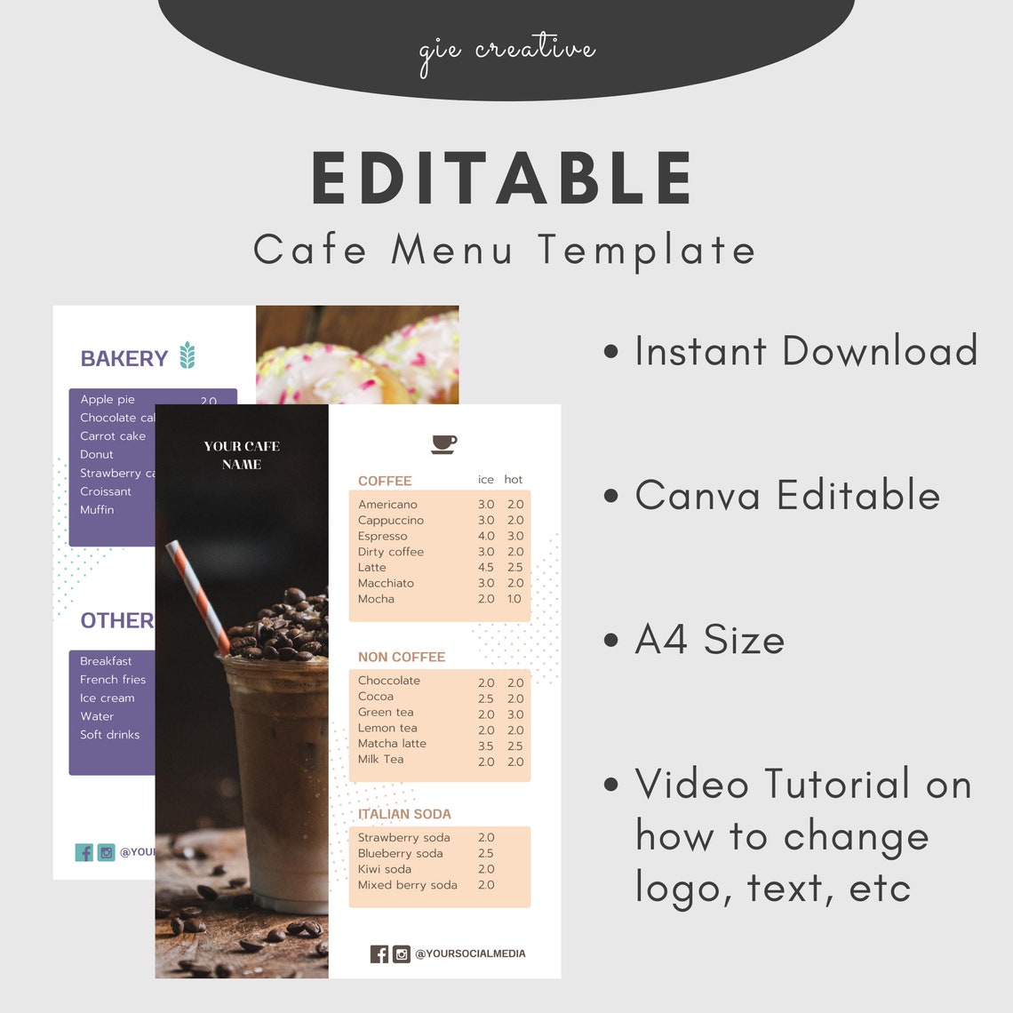Editable Cafe Menu Template - Instant Download, Coffee Shop Cafe Menu ...