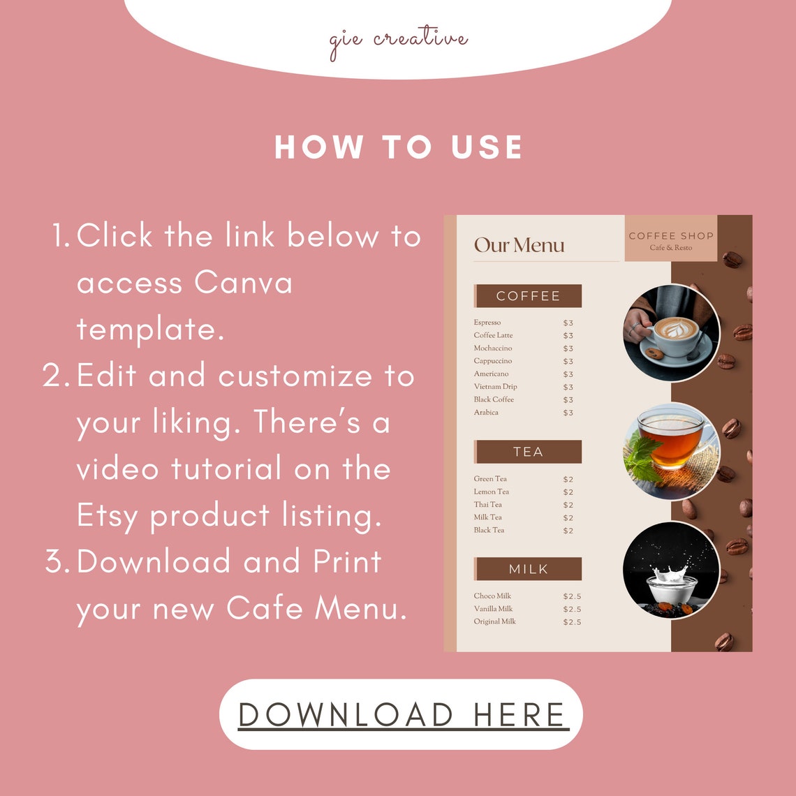Editable Coffee Menu Template - Instant Download, Coffee Shop Cafe Menu ...