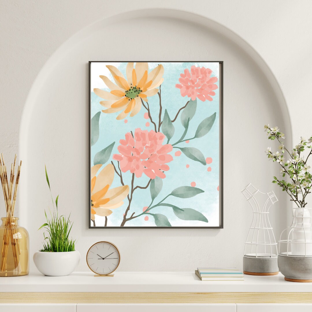 Water Color Digital Art, Moody Vintage Flower Print, Floral Spring ...