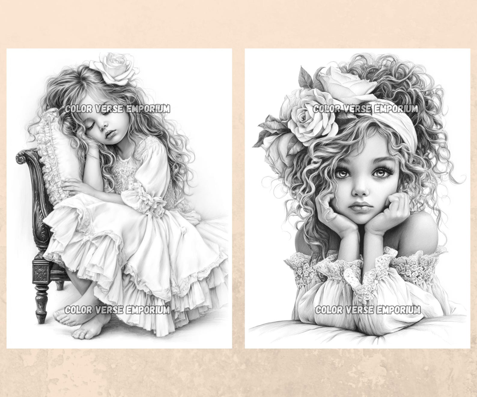 Serene Rose Maiden Grayscale Coloring Page: Printable Vintage Girl ...