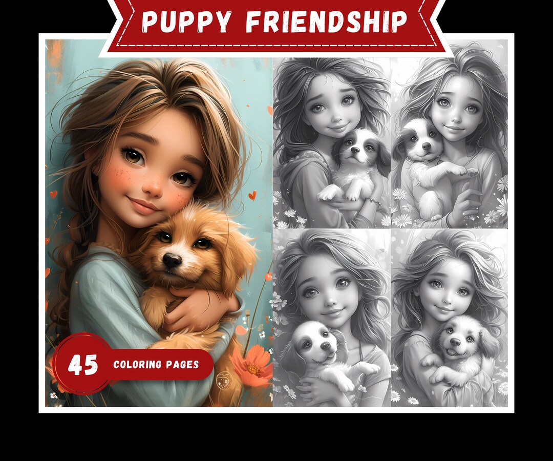Puppy Love Coloring Book: 45 Grayscale Dog & Girl Pages (PDF) - Etsy