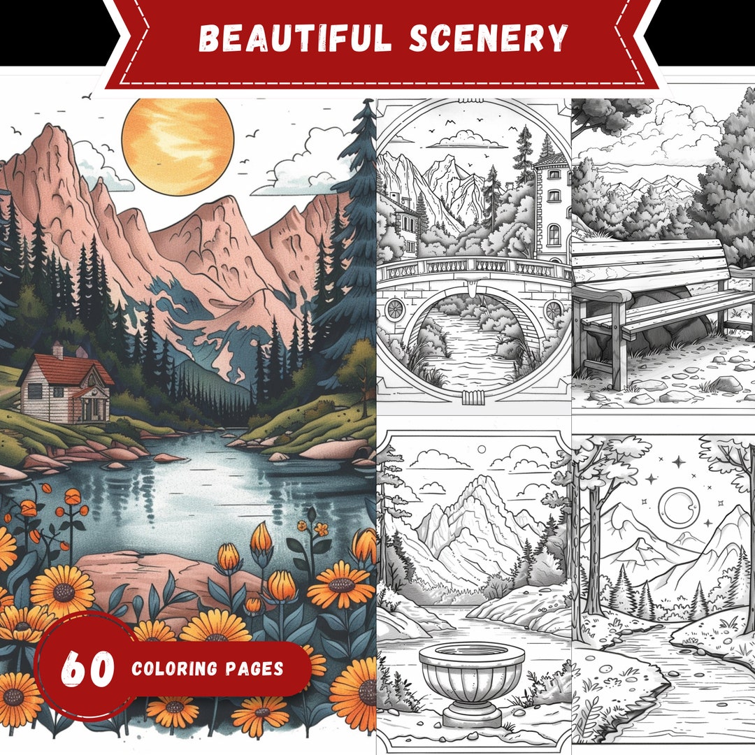 60 Beautiful Scenery Coloring Pages Adult Coloring Book Nature Coloring ...