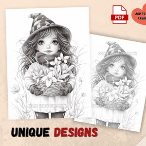 Magical Garden Witch Grayscale Coloring Pages - Whimsical Flower Basket ...