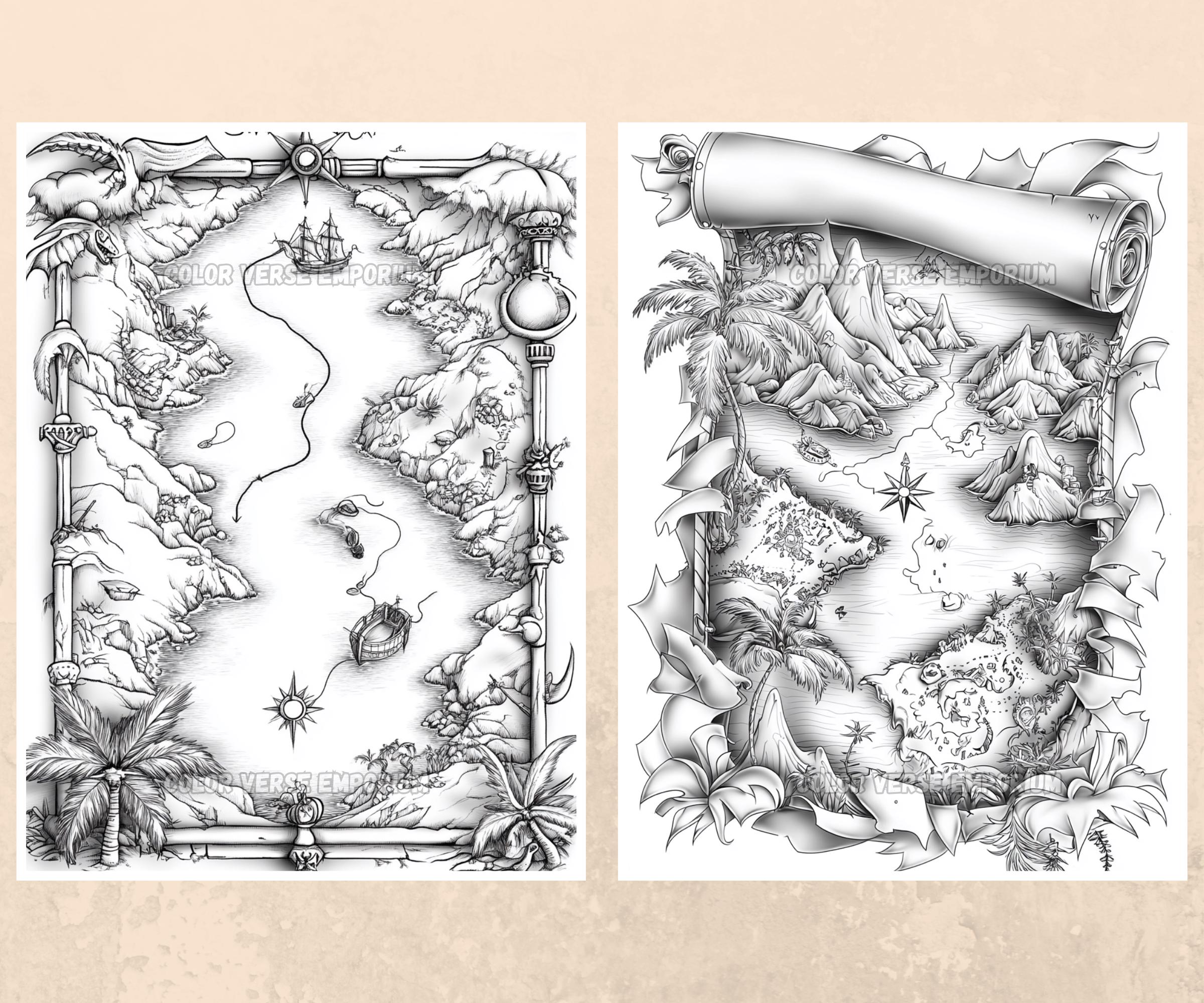 Treasure Map Coloring Pages, Printable Pirate Voyages Coloring Book for ...