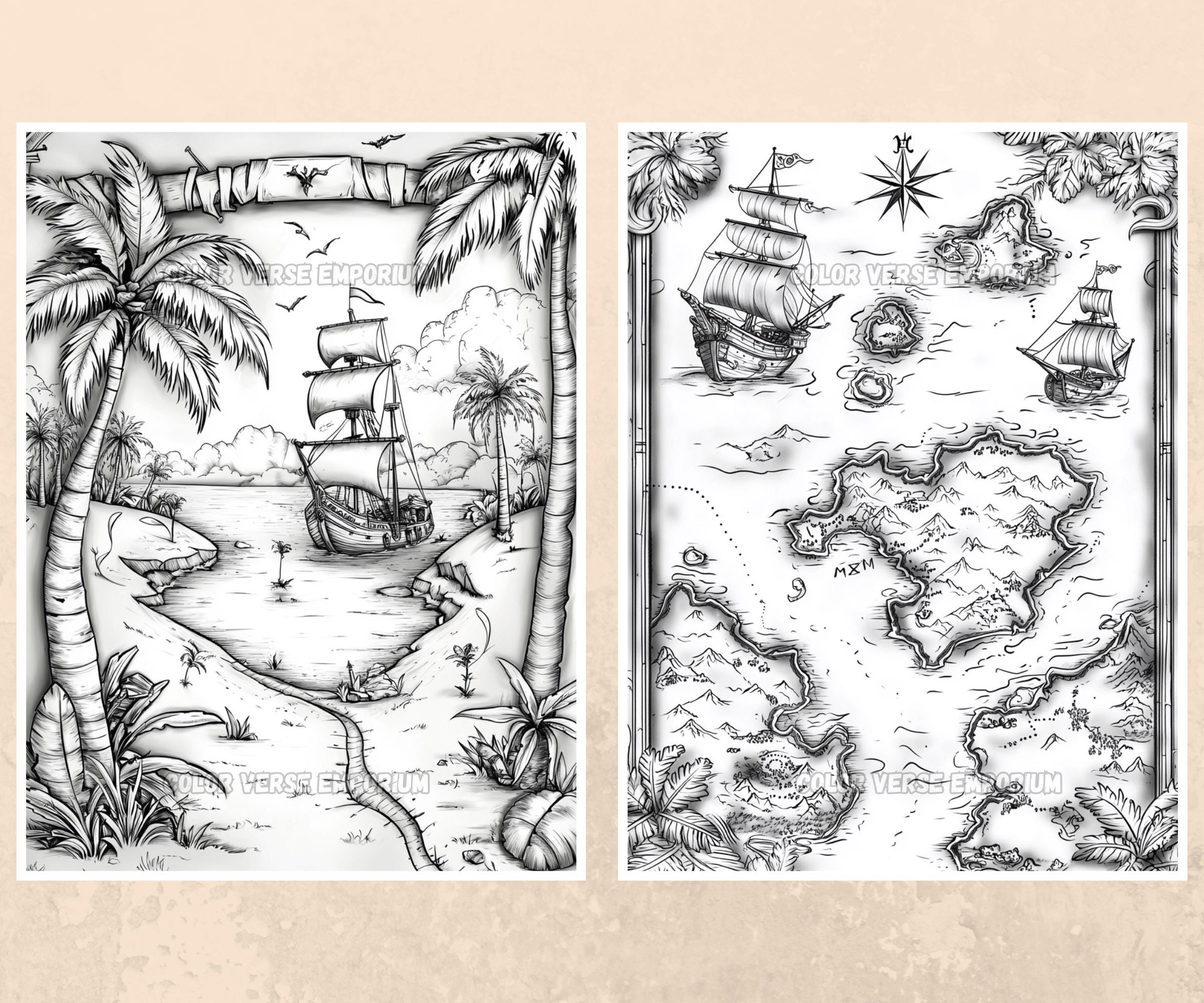 Treasure Map Coloring Pages: Pirate Adventure, Grayscale Illustration ...
