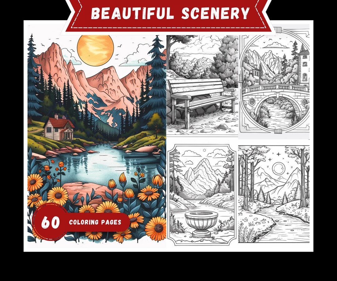 Beautiful Scenery Coloring Book Printable Serene Landscape Coloring ...