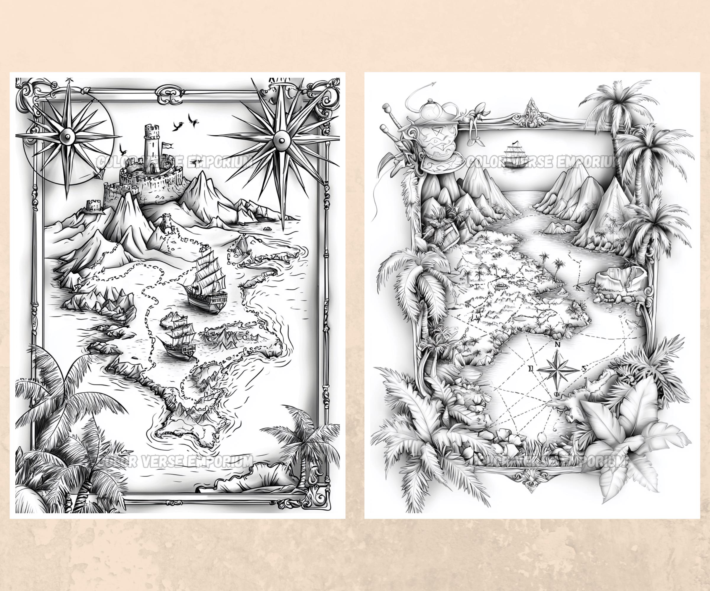 Treasure Map Coloring Pages: Pirate Adventure, Grayscale Illustration ...
