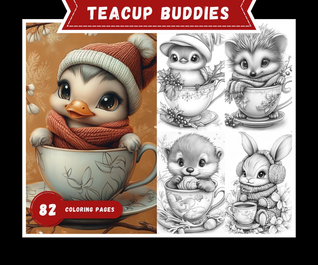 Adorable Teacup Animals Coloring Pages: Printable Grayscale Coloring ...