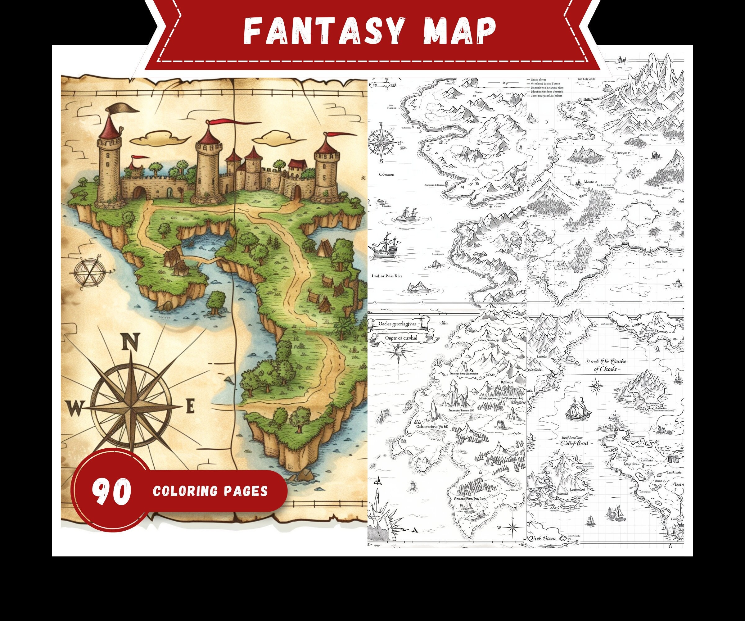90 Fantasy Map Coloring Book Printable Magical World Art Coloring Pages ...
