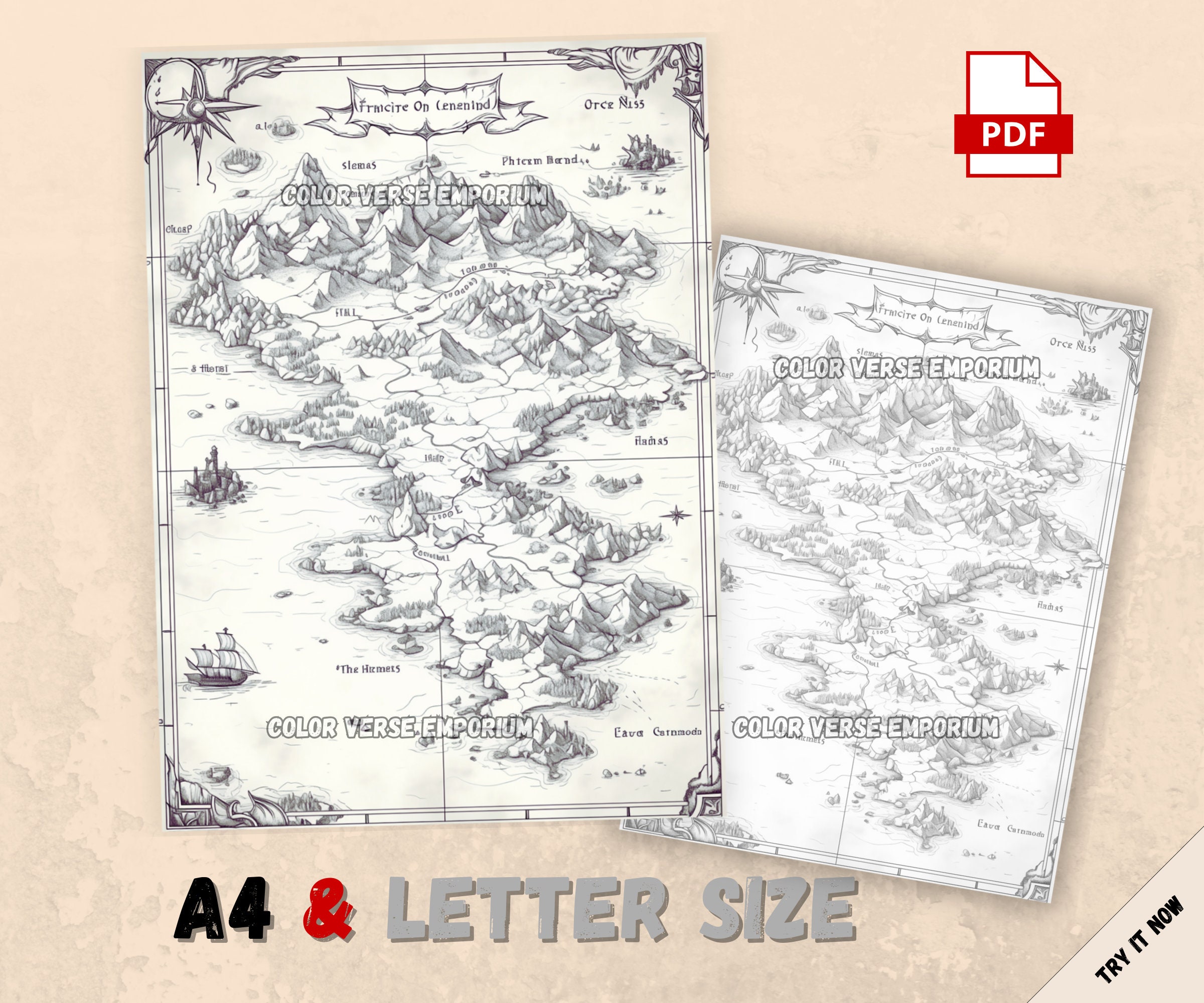 90 Fantasy Map Coloring Book Printable Magical World Art Coloring Pages ...