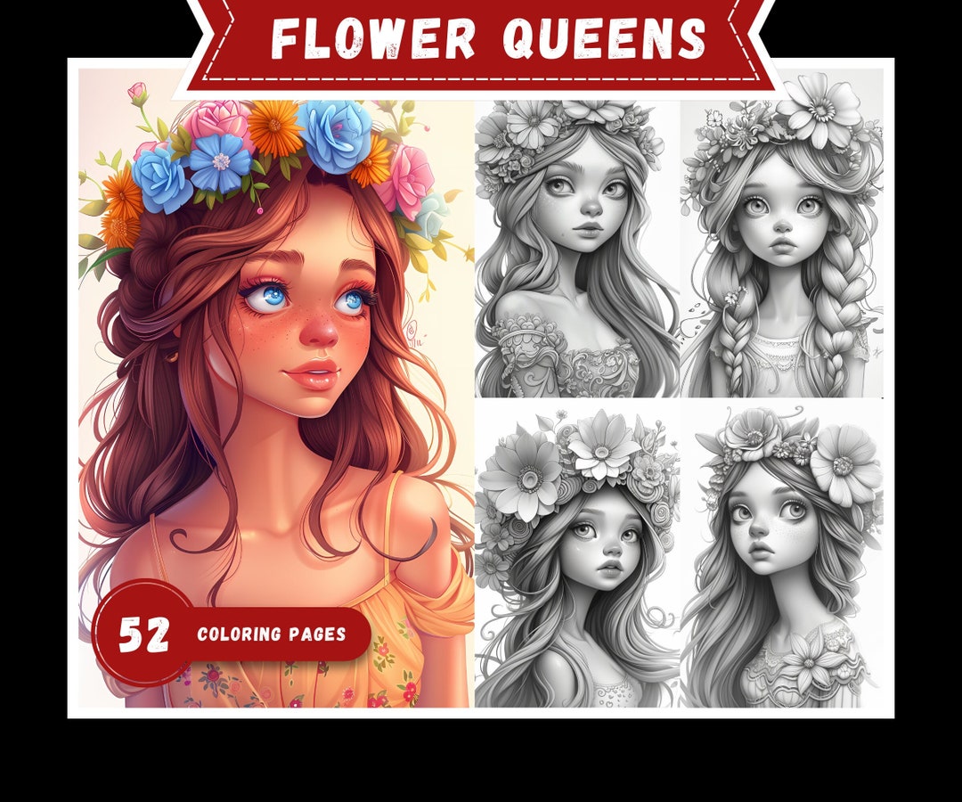 52 Spring Flower Queens Coloring Book Printable Enchanted Girl Coloring ...