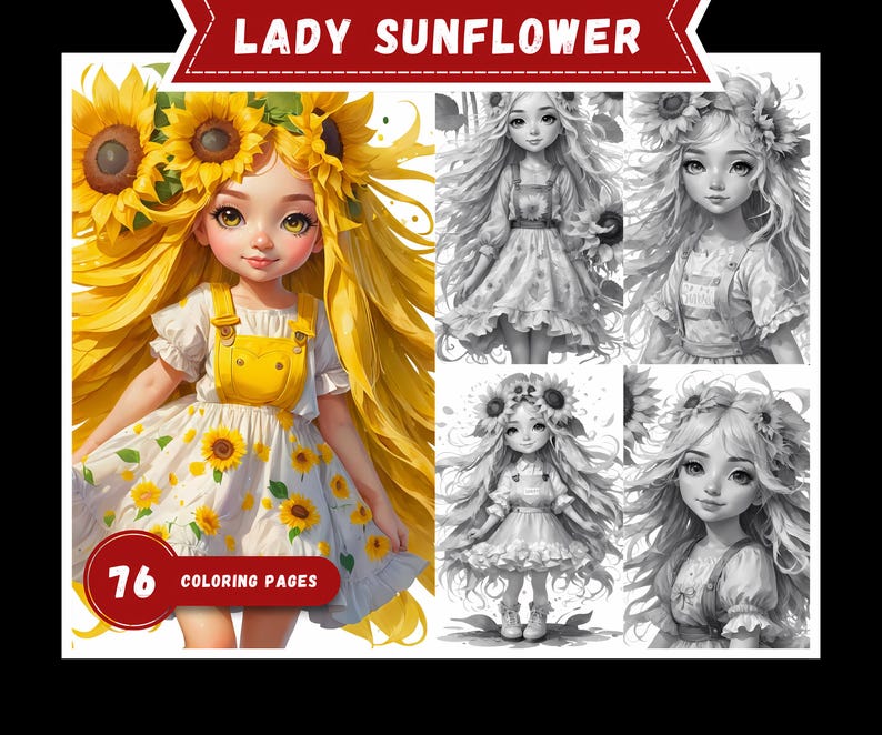 Sunflower Girl Coloring Pages: Grayscale Summer Princess (PDF Download ...