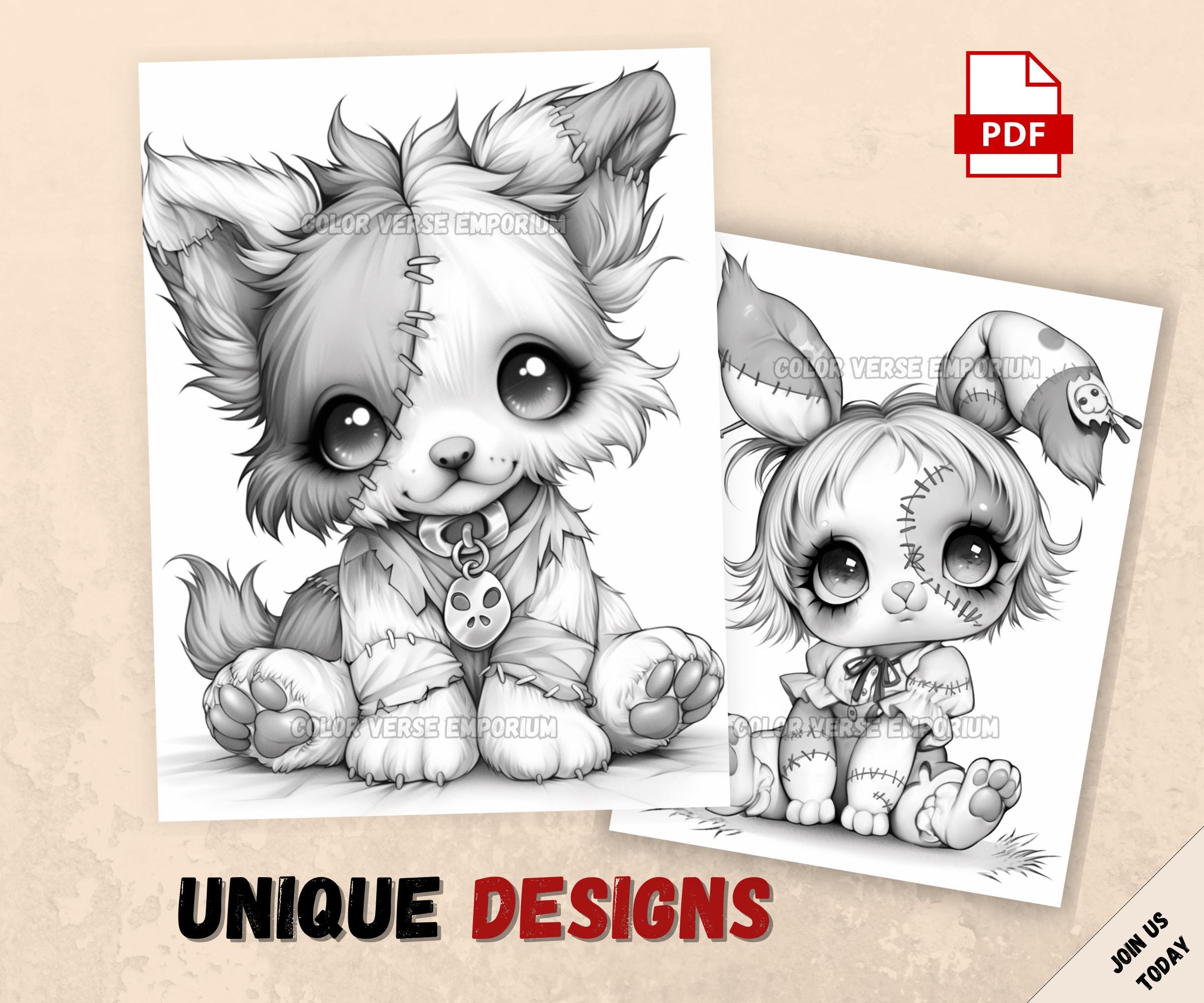 Sweet Zombie Animals Coloring Pages: Spooky Grayscale Monsters (PDF) - Etsy