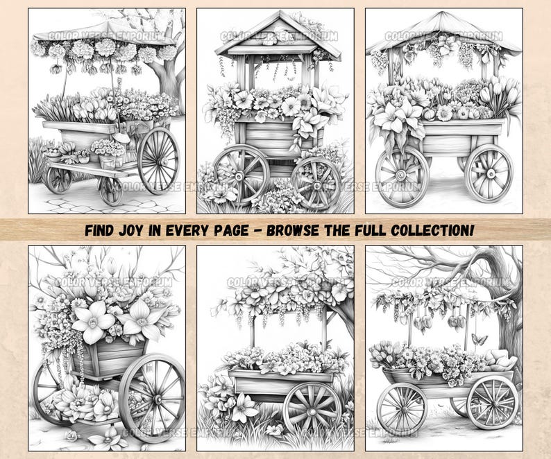 Vintage Flower Cart Coloring Pages: Rustic Garden Art (PDF) - Etsy