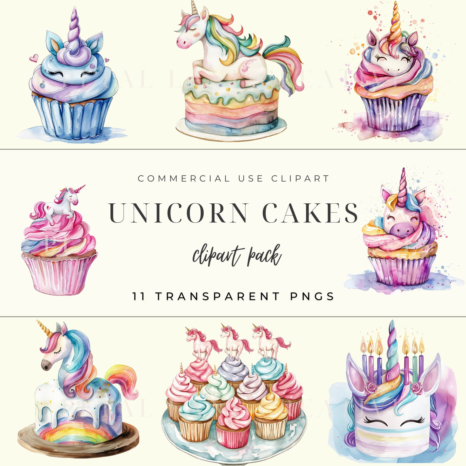 Unicorn Cakes Clipart Pack, Pastels, Rainbows, Icing, Birthday Invites ...