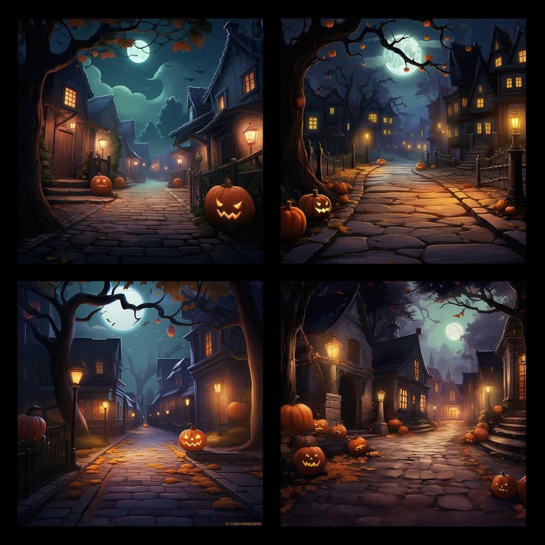 Halloween Village Backdrop, Haunted House Scene, Halloween Pumpkins ...