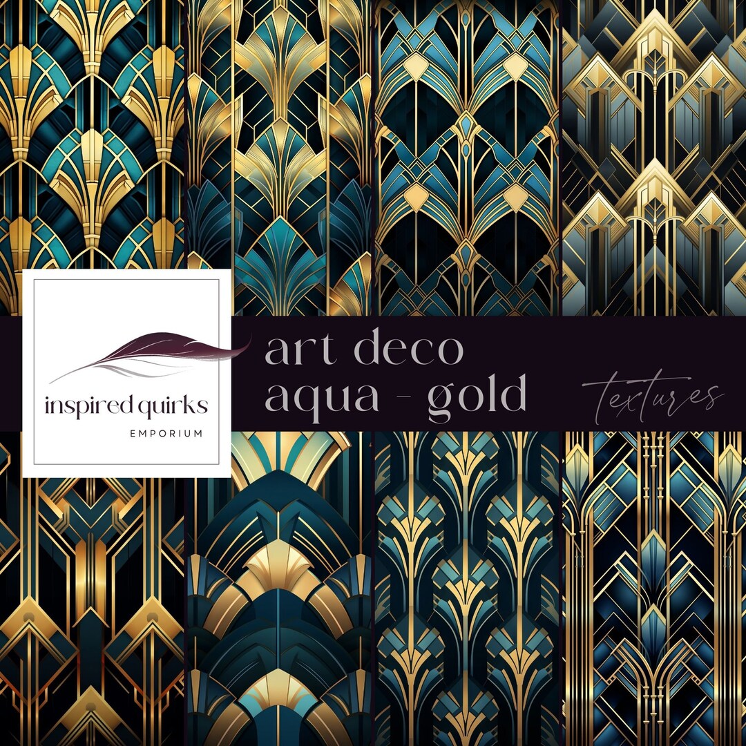 Art Deco Textures, Retro Overlays, Digital Download, Aqua Gold Papers ...