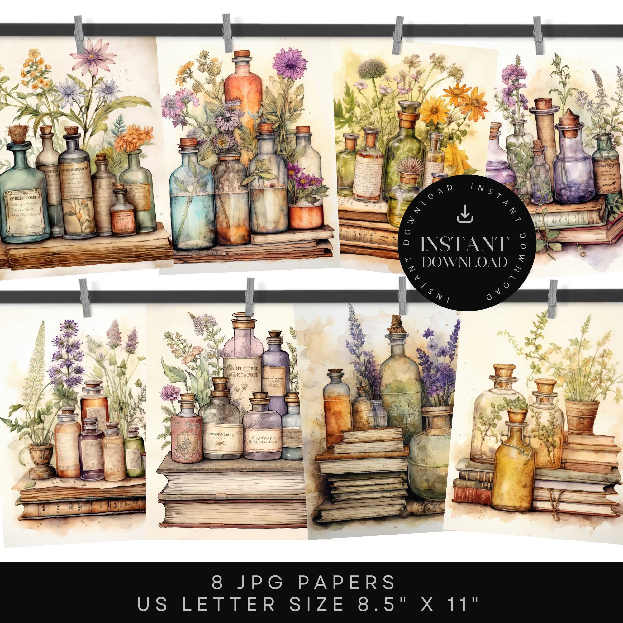 Herb Bottles Junk Journal Pages, Digital Journal Paper, Vintage ...