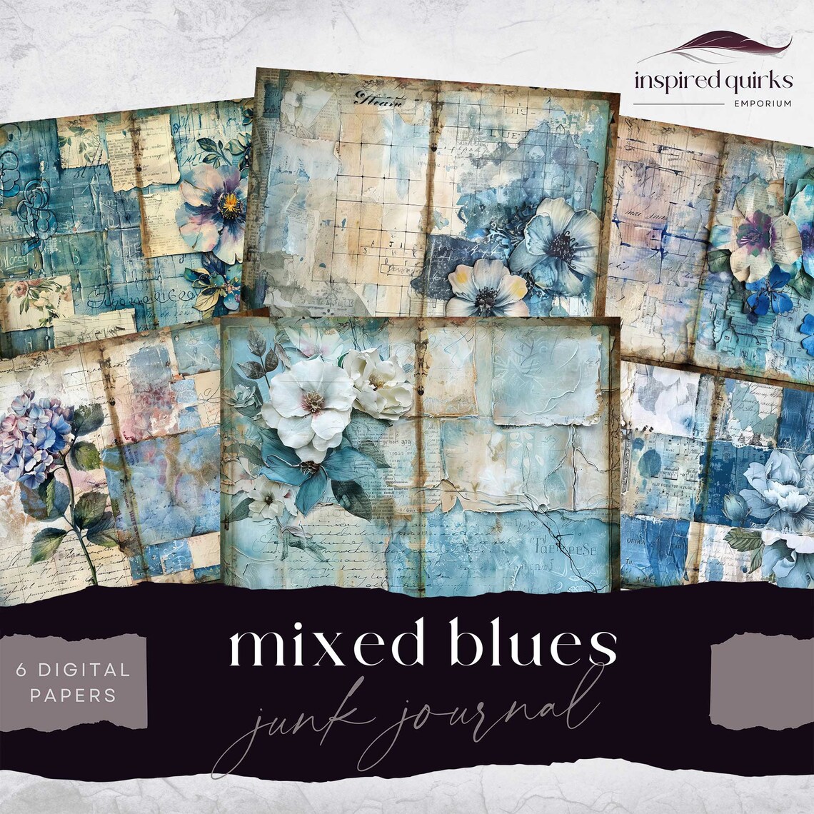 Blue Flower Junk Journal, Vintage Patchwork Floral Papers, 6 Digital Journal Page, Printable ...