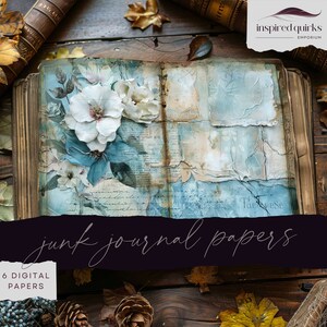 Blue Flower Junk Journal, Vintage Patchwork Floral Papers, 6 Digital ...