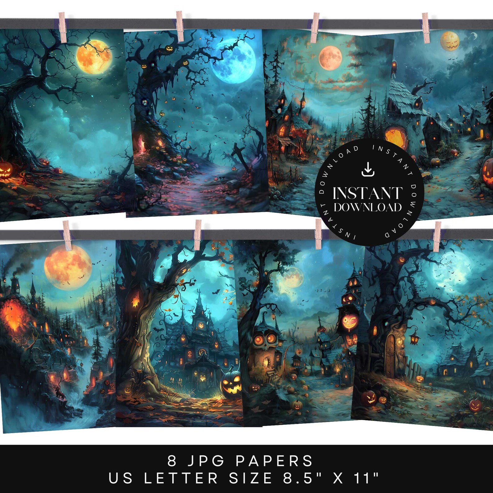 Spooky Halloween Village Digital Backdrop, Halloween Forest Junk ...