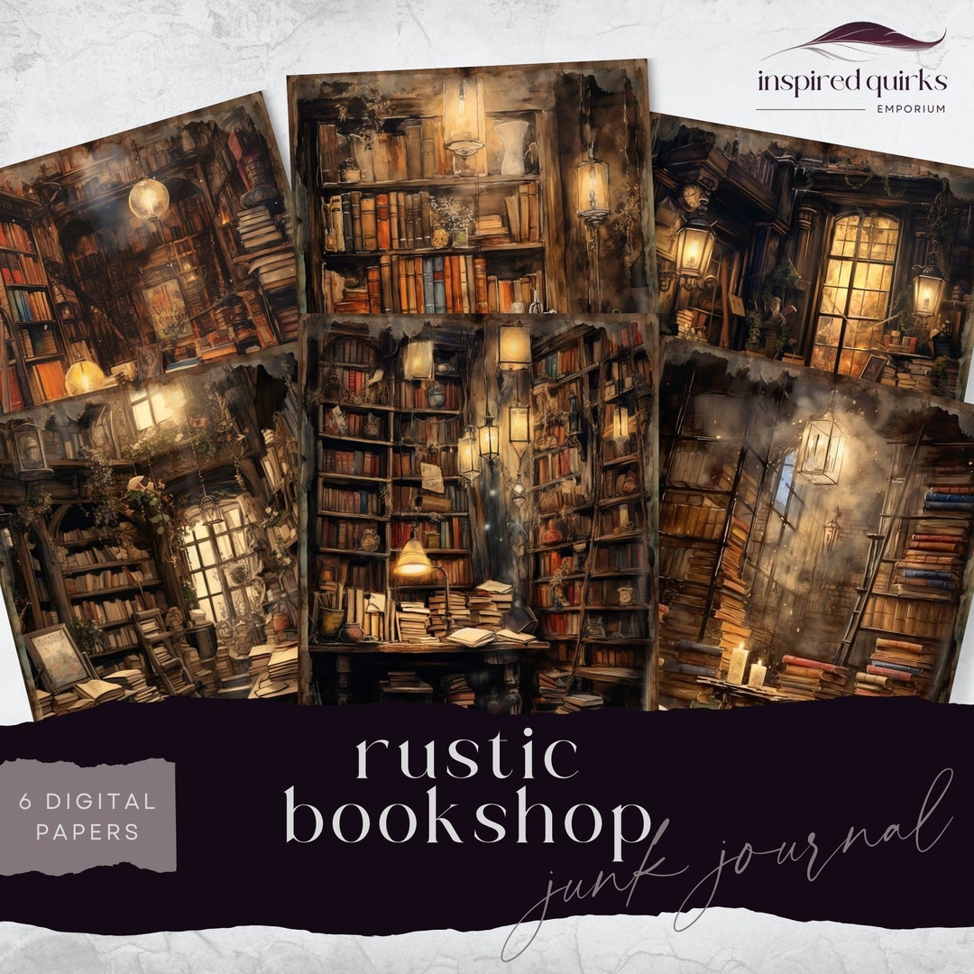Rustic Book Shop Junk Journal Paper, Vintage Libary Backdrop, 6 Digital ...