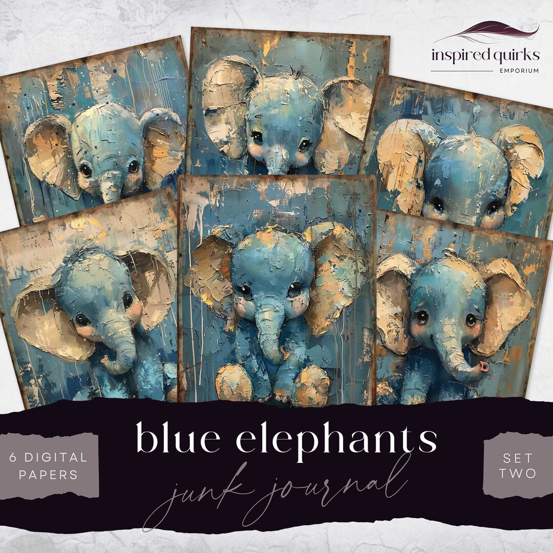 Cute Elephants Junk Journal Page, Blue Animal Backdrop, 6 Digital ...
