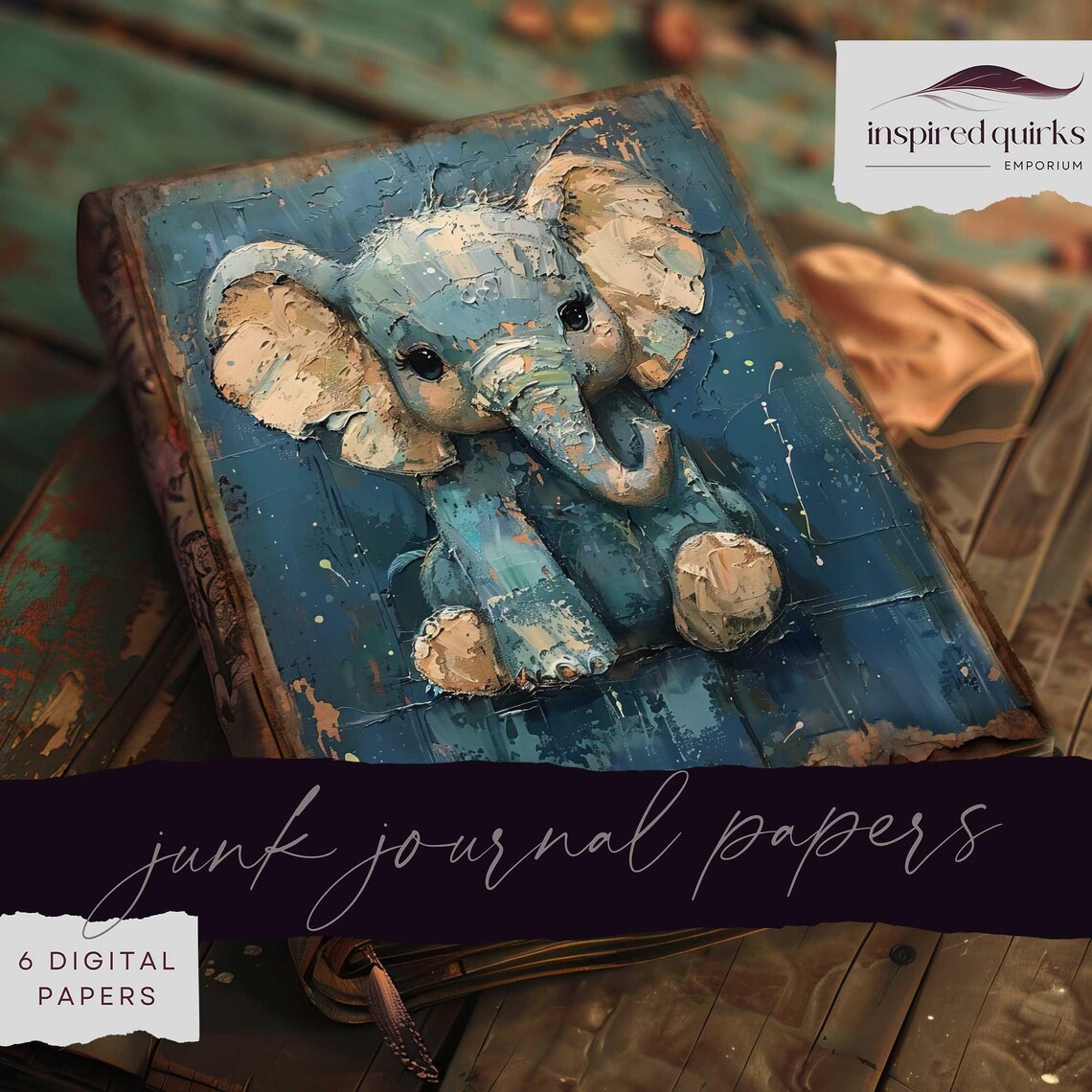 Blue Elephants Junk Journal Page, Cute Animal Backdrop, 6 Digital ...