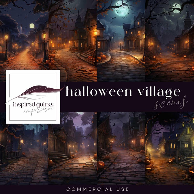 Halloween Village Backdrop, Haunted House Scene, Halloween Pumpkins ...