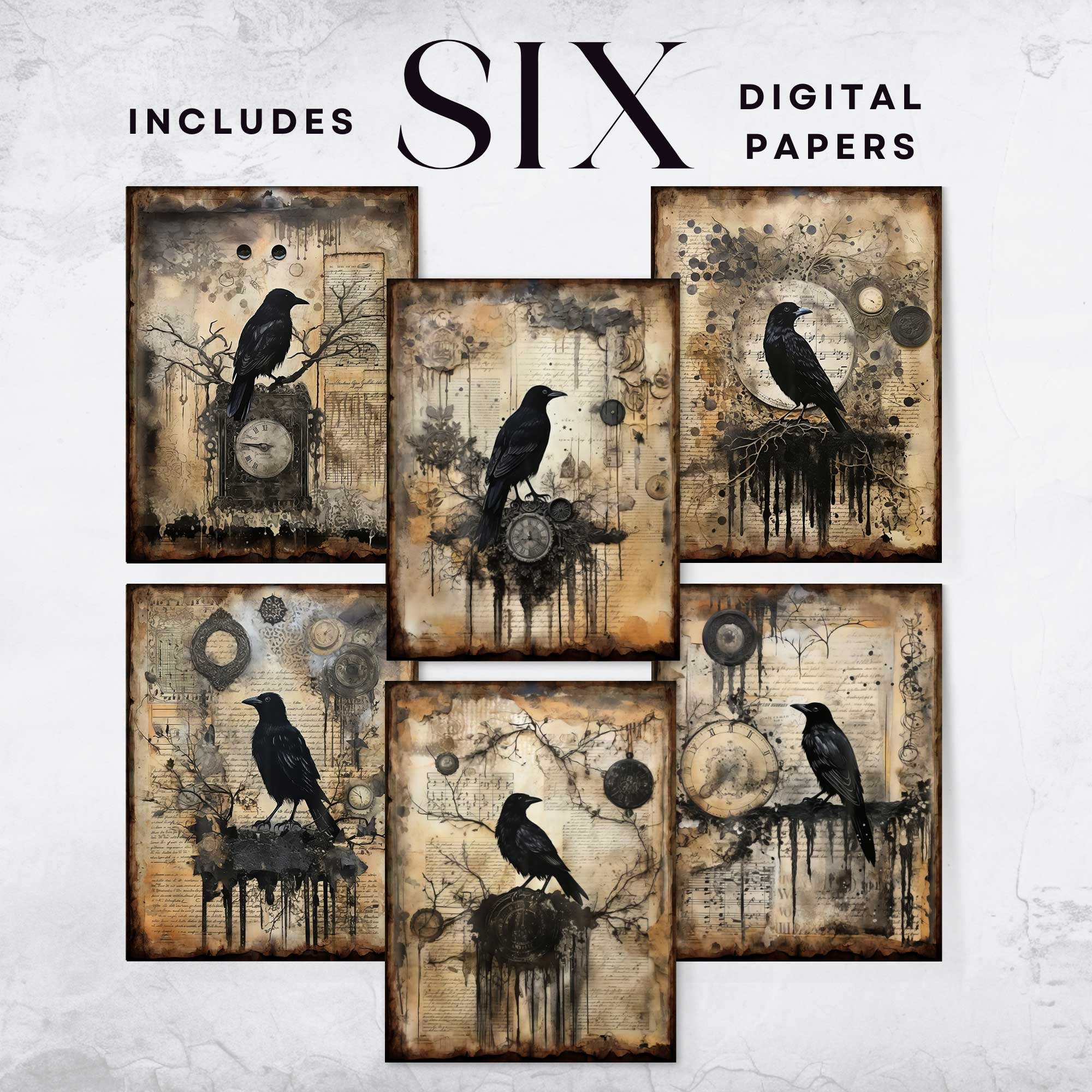 Raven Junk Journal Digital Paper, Clock, 6 Digital Journal Pages ...