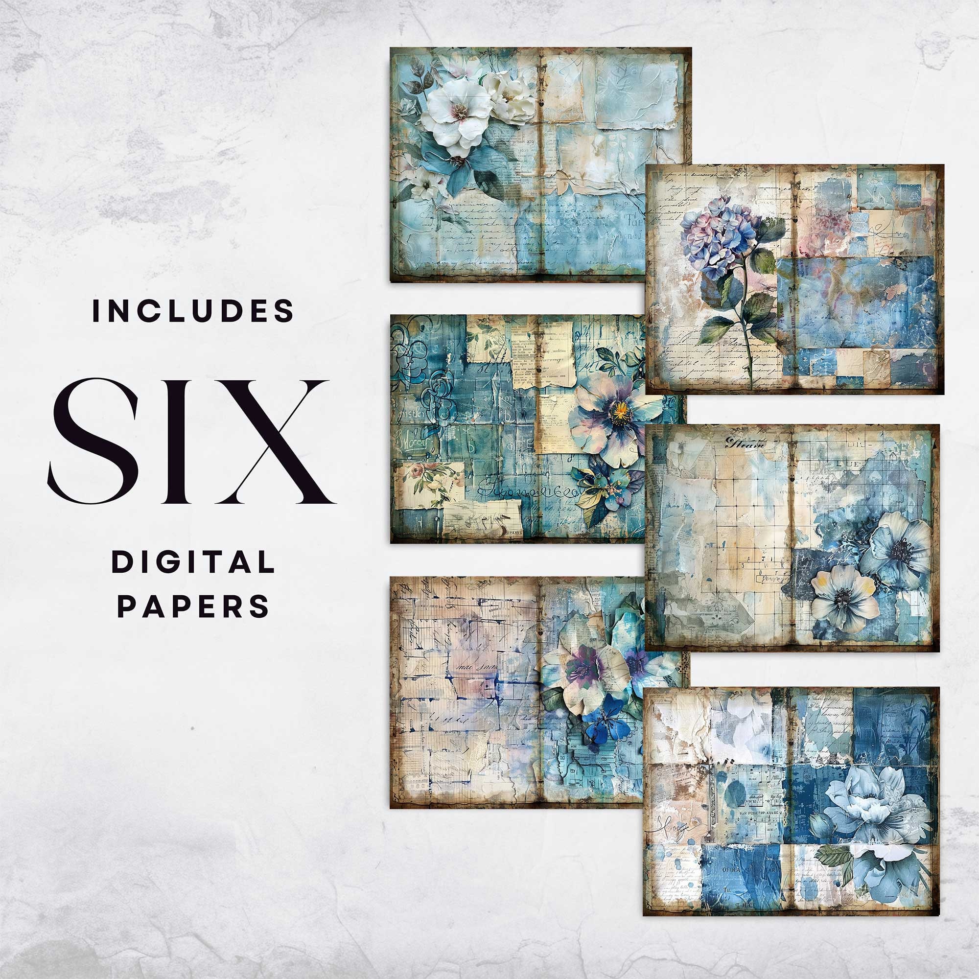 Blue Flower Junk Journal, Vintage Patchwork Floral Papers, 6 Digital Journal Page, Printable ...
