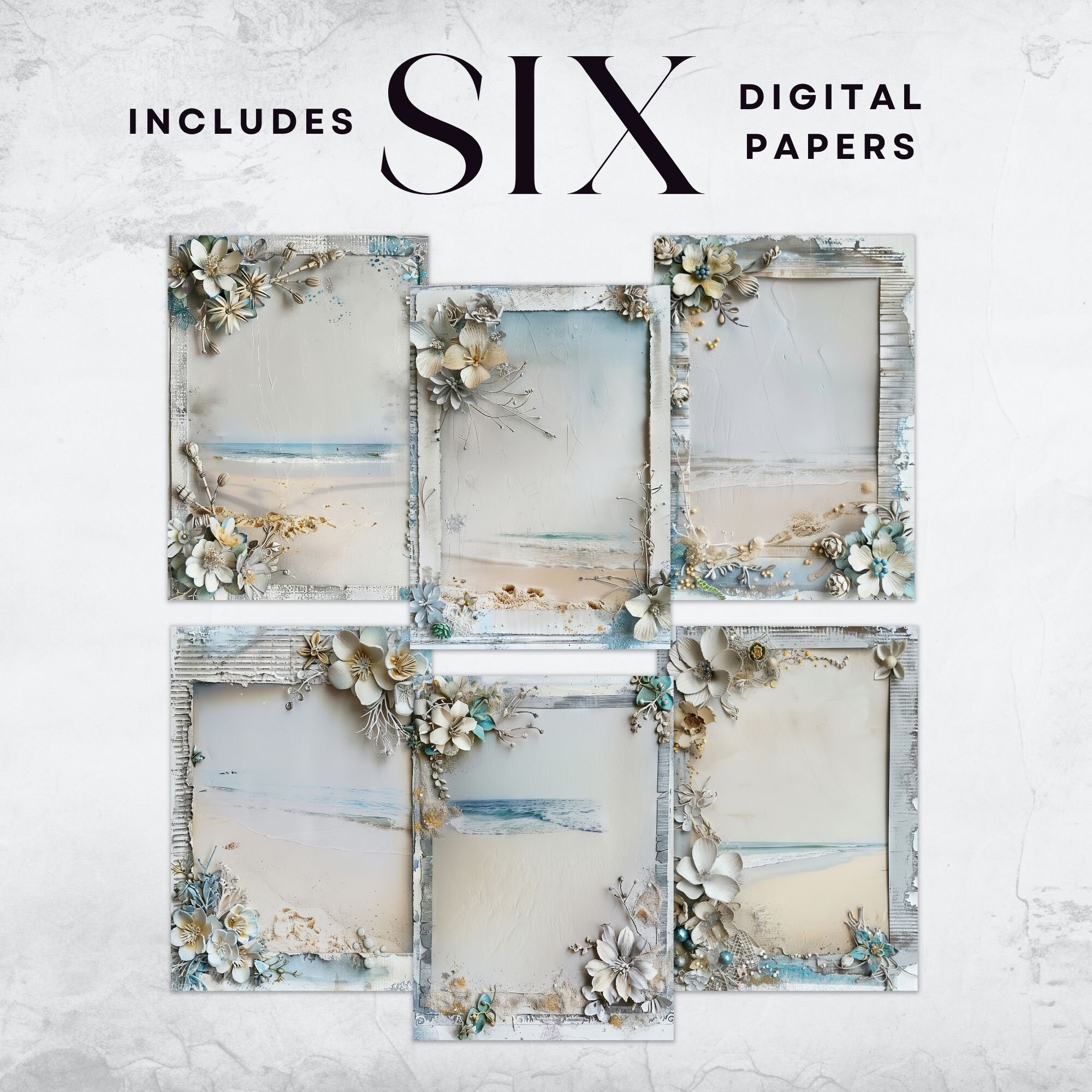 Beach Frame Pages Digital Paper, Floral Borders, Coastal Junk Journal ...